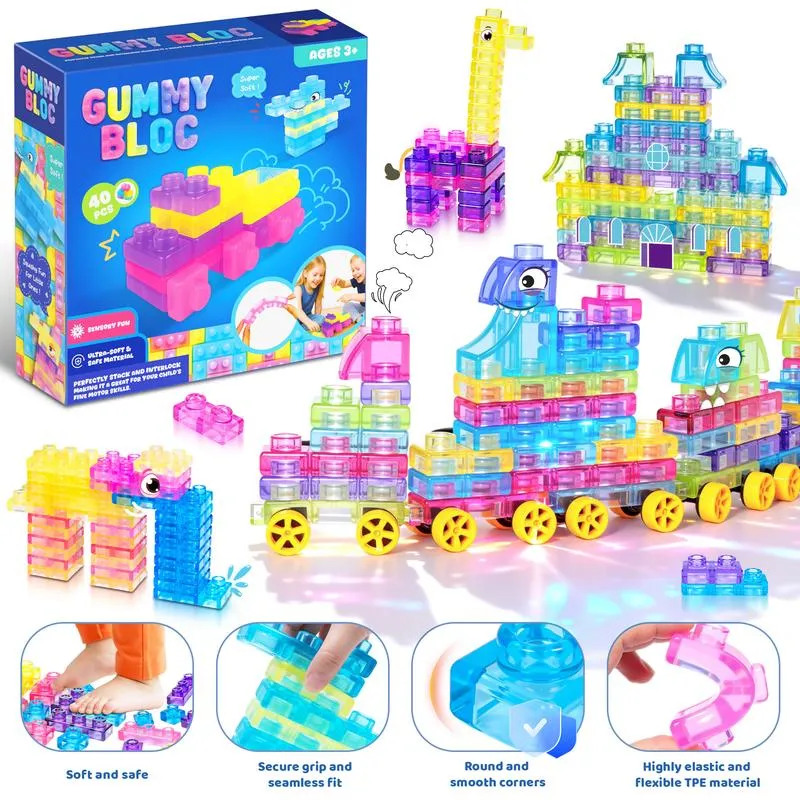 🌈Soft Jelly Stacking Blocks – 40PCS Squishy Sensory STEM Building Toy ...